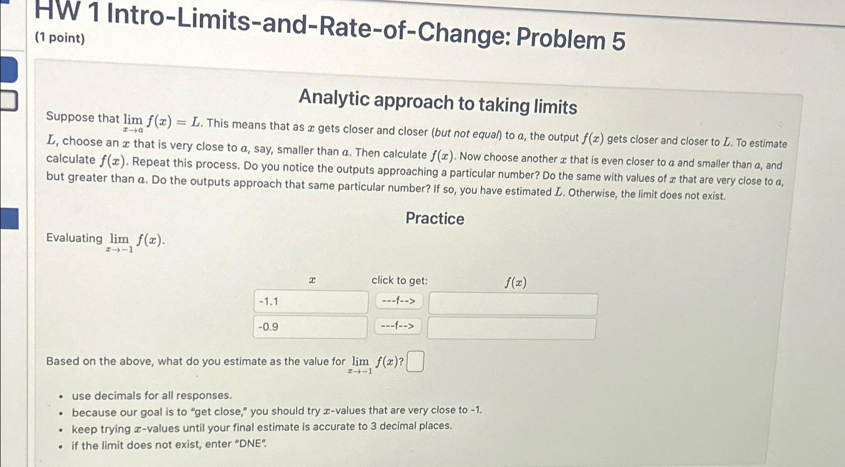 HW 1 ﻿Intro-Limits-and-Rate-of-Change: Problem 5(1 | Chegg.com