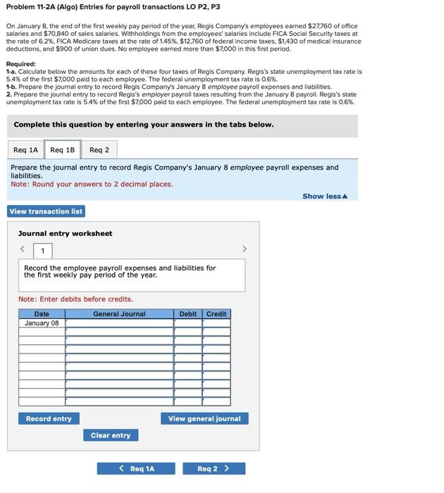 Solved Problem 11-2A (Algo) Entries for payroll transactions | Chegg.com