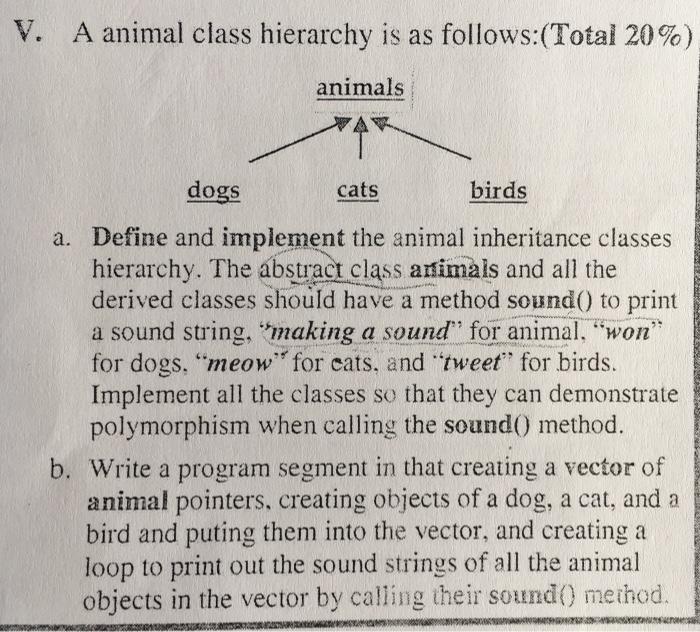 Solved V. A animal class hierarchy is as follows:(Total 20%) | Chegg.com