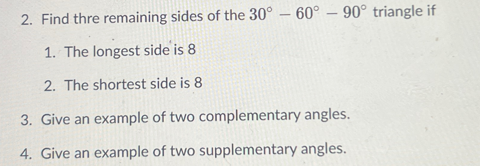Solved Find thre remaining sides of the 30°-60°-90° | Chegg.com