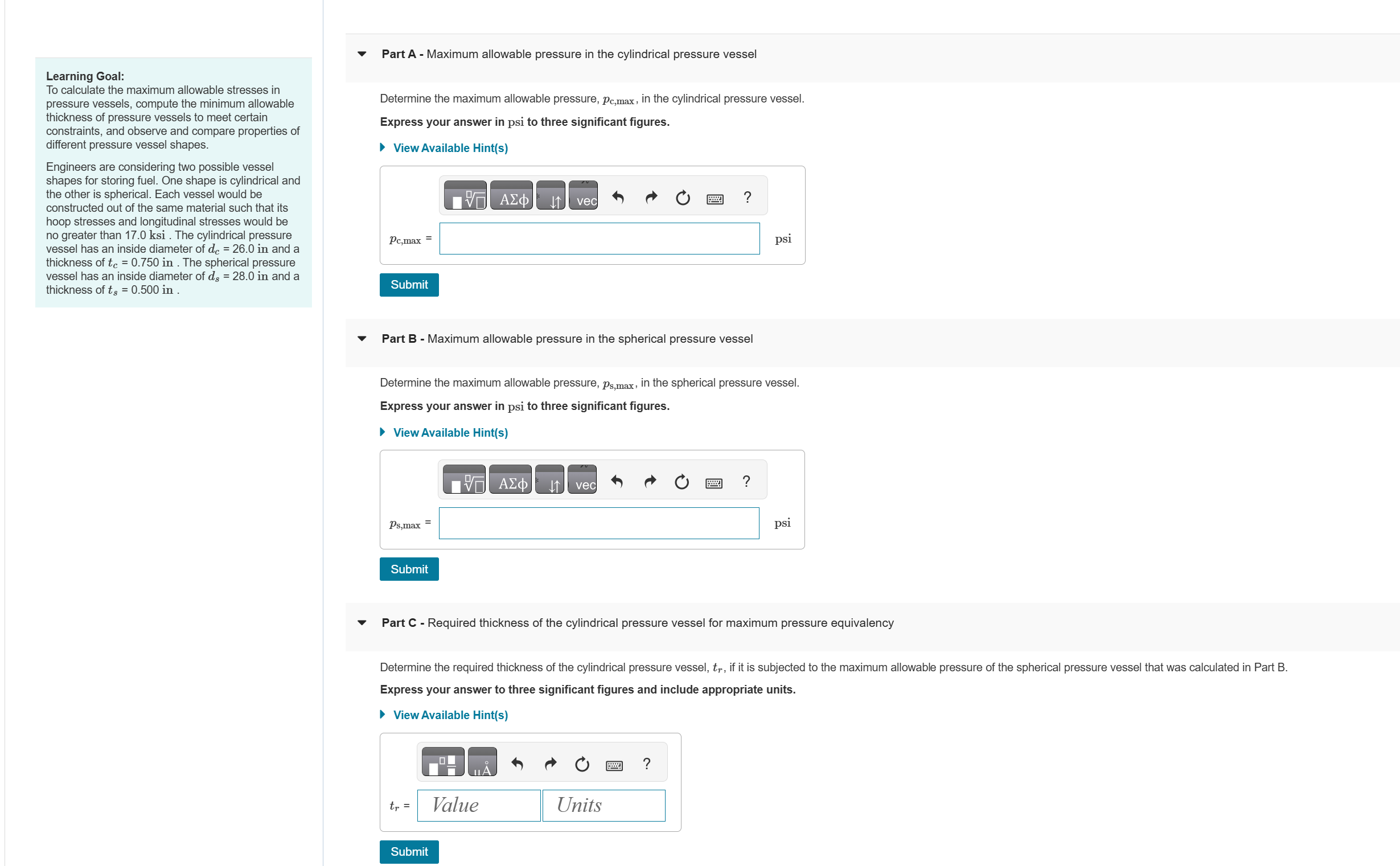 Solved Part A - ﻿Maximum allowable pressure in the | Chegg.com