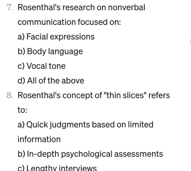 Solved Rosenthal's research on nonverbal communication | Chegg.com