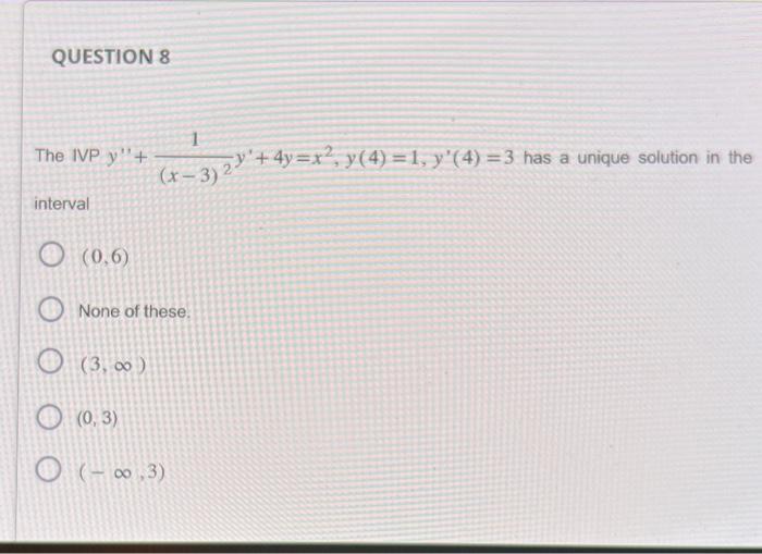 Solved The IVP y′′+(x−3)21y′+4y=x2,y(4)=1,y′(4)=3 has a | Chegg.com