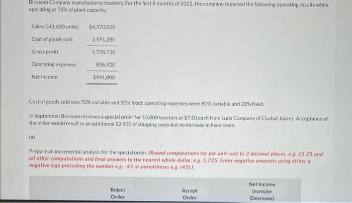 Solved Blossom Company manufactures toasters. For the first | Chegg.com