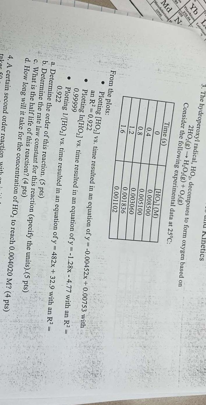 Solved 3. The hydroperoxyl radical, HO2, decomposes to form | Chegg.com
