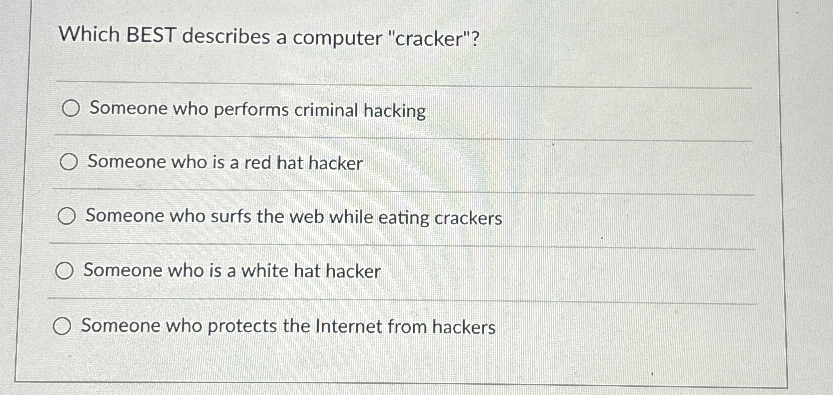 Solved Which BEST describes a computer "cracker"?Someone who | Chegg.com