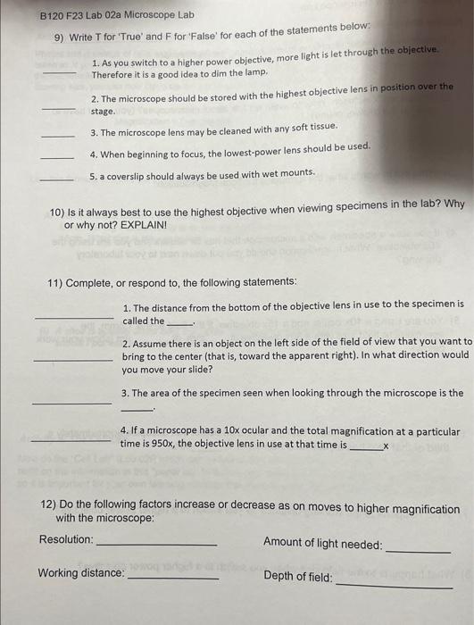 Solved B120 F23 Lab 02a Microscope Lab 9) Write T for 'True' | Chegg.com