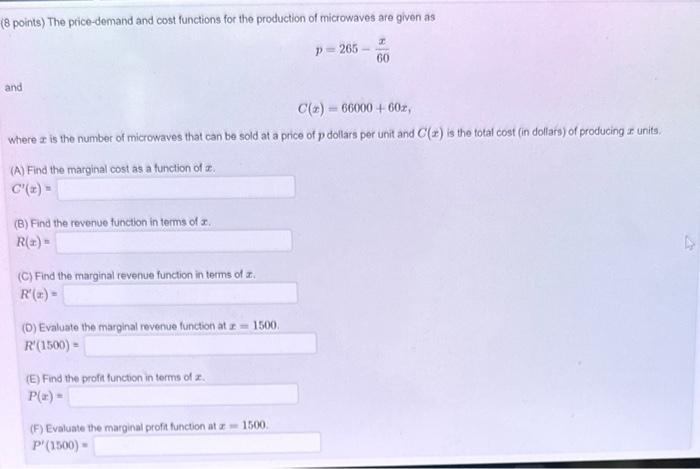Solved (8 points) The price-demand and cost functions for | Chegg.com