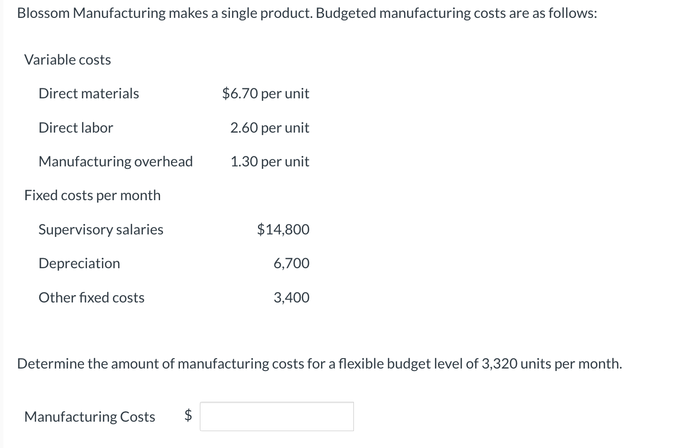 Solved Blossom Manufacturing makes a single product. | Chegg.com