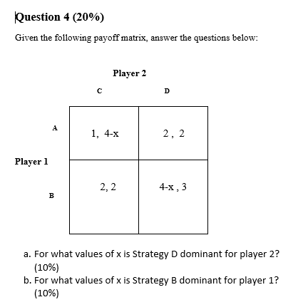 Solved Given the following payoff matrix, answer the | Chegg.com