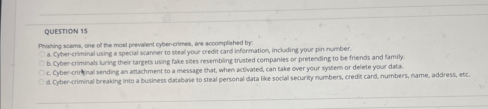 Solved QUESTION 15Phishing scams, one of the most prevalent | Chegg.com