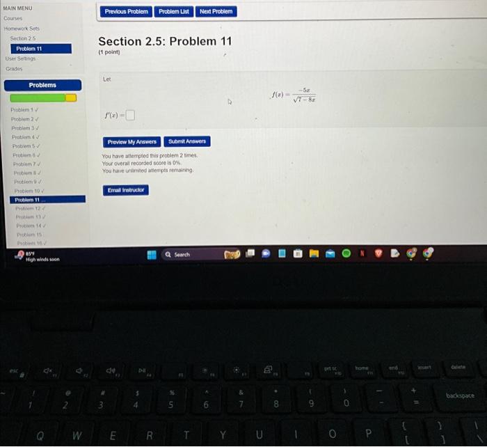 Solved Section 2.5: Problem 11 (1 point) Let f(x)=7−8x−5x | Chegg.com