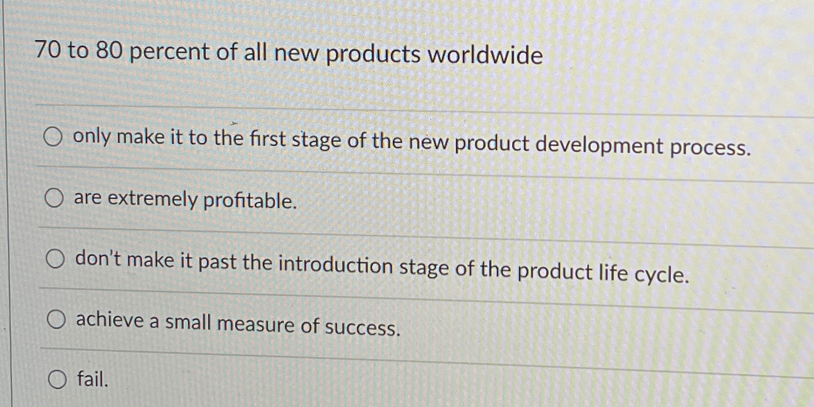 Solved 70 ﻿to 80 ﻿percent of all new products worldwideonly | Chegg.com