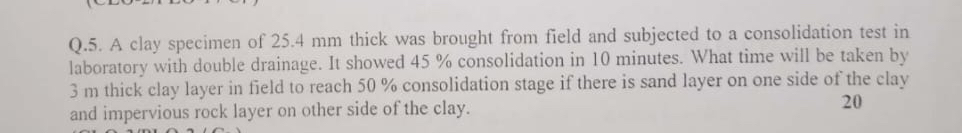 Solved Q.5. ﻿A clay specimen of 25.4 ﻿mm thick was brought | Chegg.com
