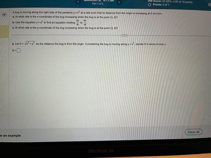 Solved A bug is moving along the right side of the parabola | Chegg.com