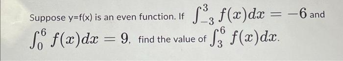 Solved Suppose y=f(x) is an even function. If ∫−33f(x)dx=−6 | Chegg.com