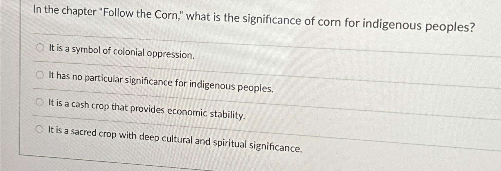 Solved In the chapter "Follow the Corn," what is the | Chegg.com