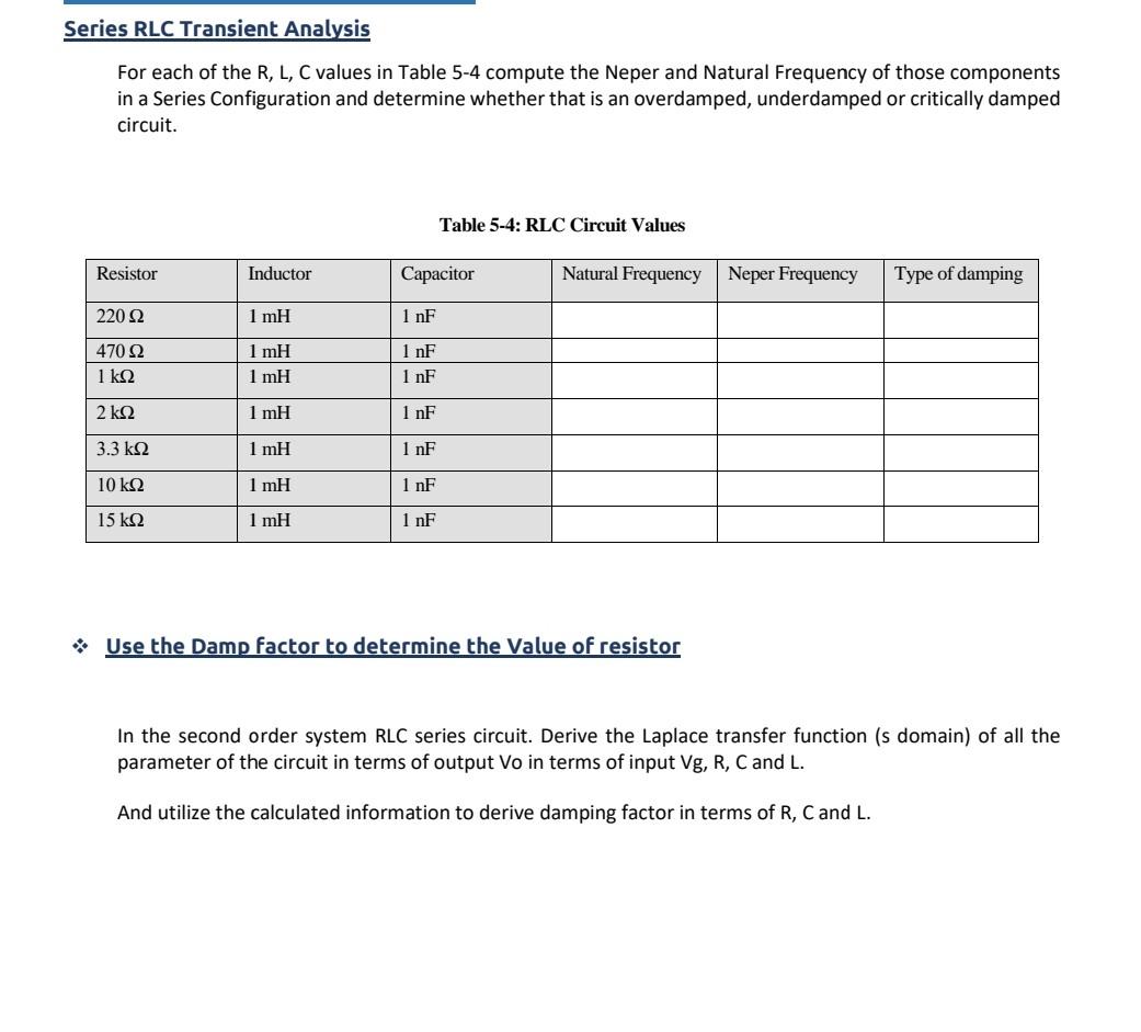 Solved For each of the R, L, C values in Table 5-4 compute | Chegg.com