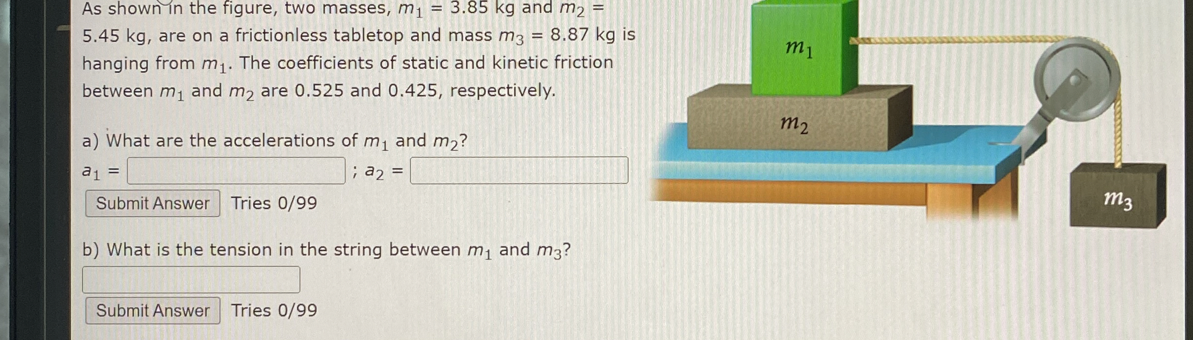 Solved As shown in the figure, two masses, m1=3.85kg ﻿and | Chegg.com
