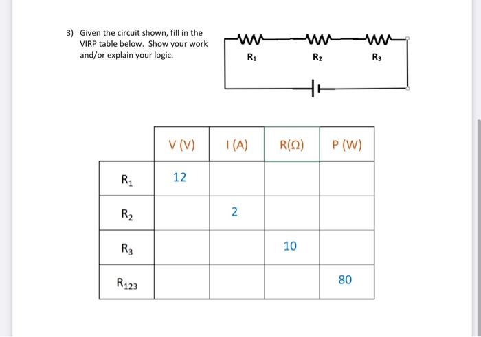 Solved 3) Given the circuit shown, fill in the VIRP table | Chegg.com