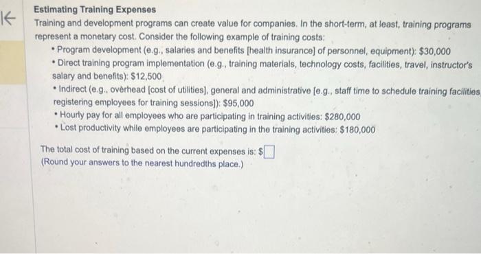 Solved Estimating Training Expenses Training and development | Chegg.com