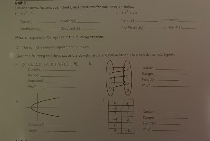 Solved Unit 1 List the terms, factors, coefficients, and | Chegg.com