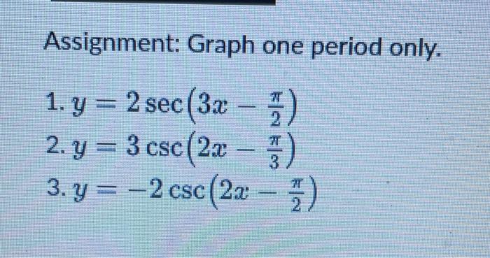 Solved Assignment: Graph one period only. 1. y=2sec(3x−2π) | Chegg.com