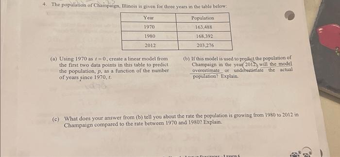 Solved 4. The population of Champaign, Illinois is given for | Chegg.com