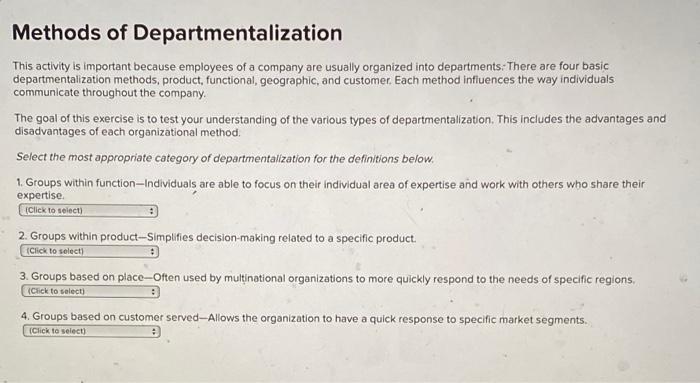 Solved Methods of Departmentalization This activity is | Chegg.com