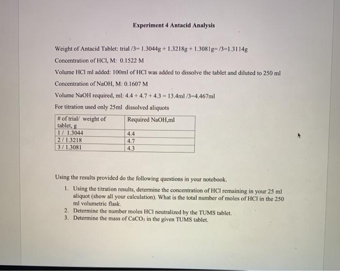 Solved Experiment 4 Antacid Analysis Weight of Antacid | Chegg.com