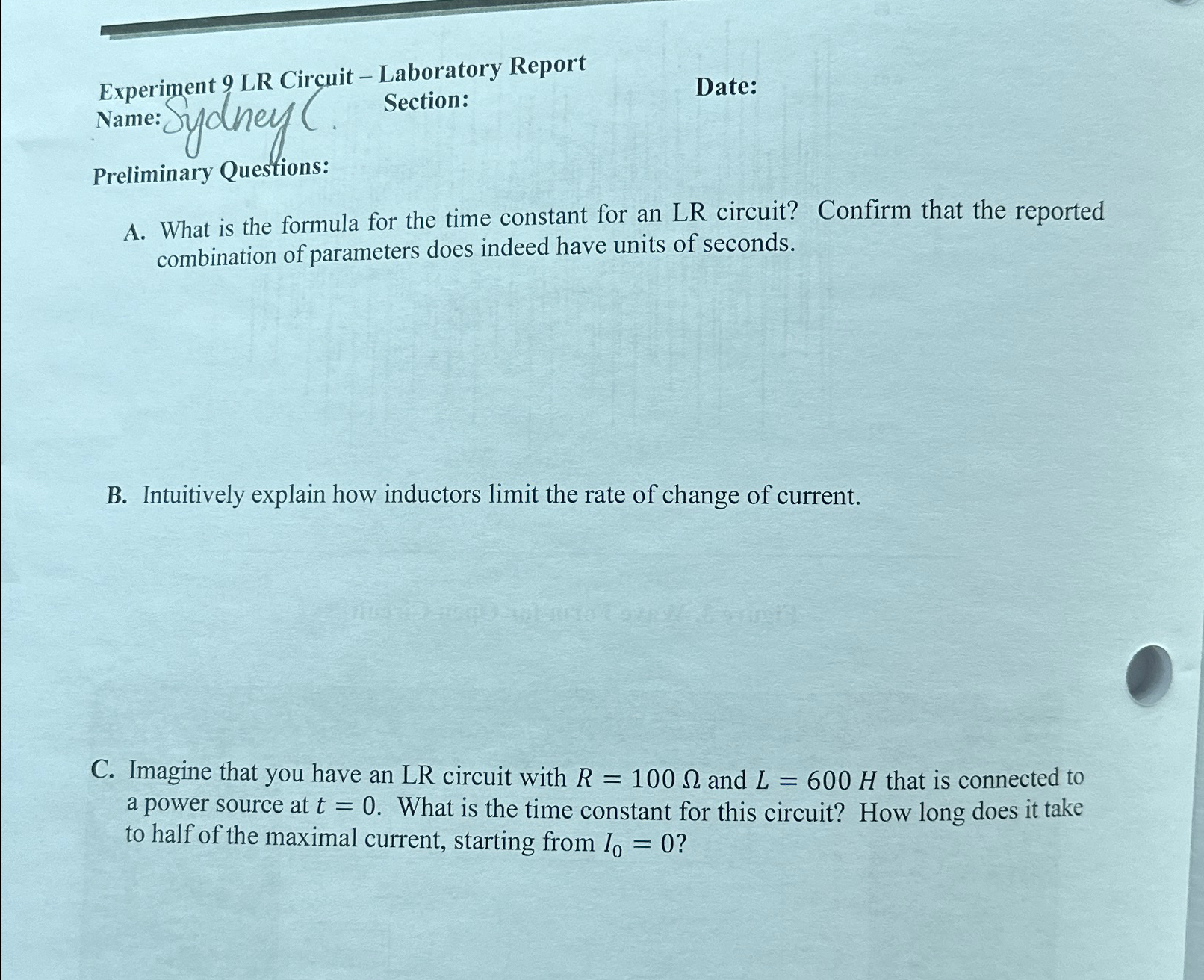 Solved Experiment 9 ﻿LR Circuit - ﻿Laboratory | Chegg.com