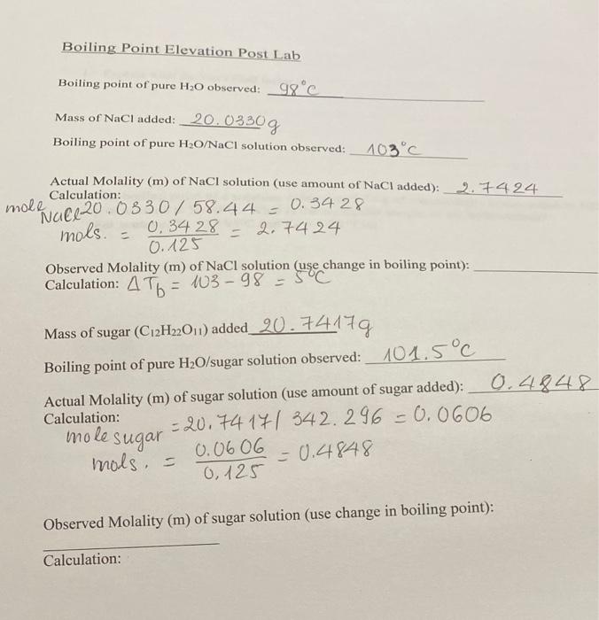 Solved Boiling Point Elevation Post Lab Boiling point of | Chegg.com