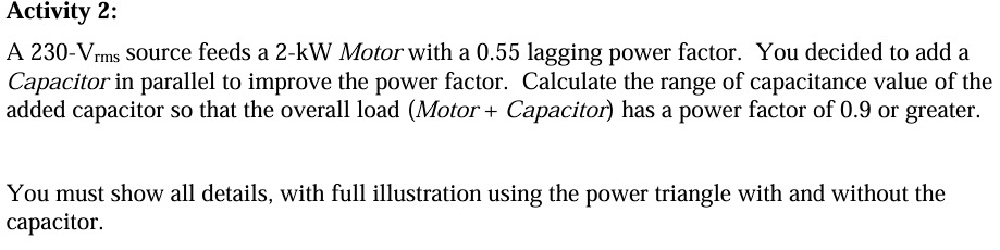 Solved Activity 2:A 230-Vrms ﻿source feeds a 2-kW ﻿Motor | Chegg.com