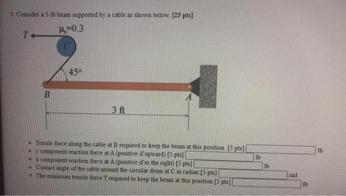 Solved 3. Consider a 5-ib beam supported by a cable as shown | Chegg.com