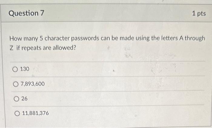 Solved How Many 5 Character Passwords Can Be Made Using The