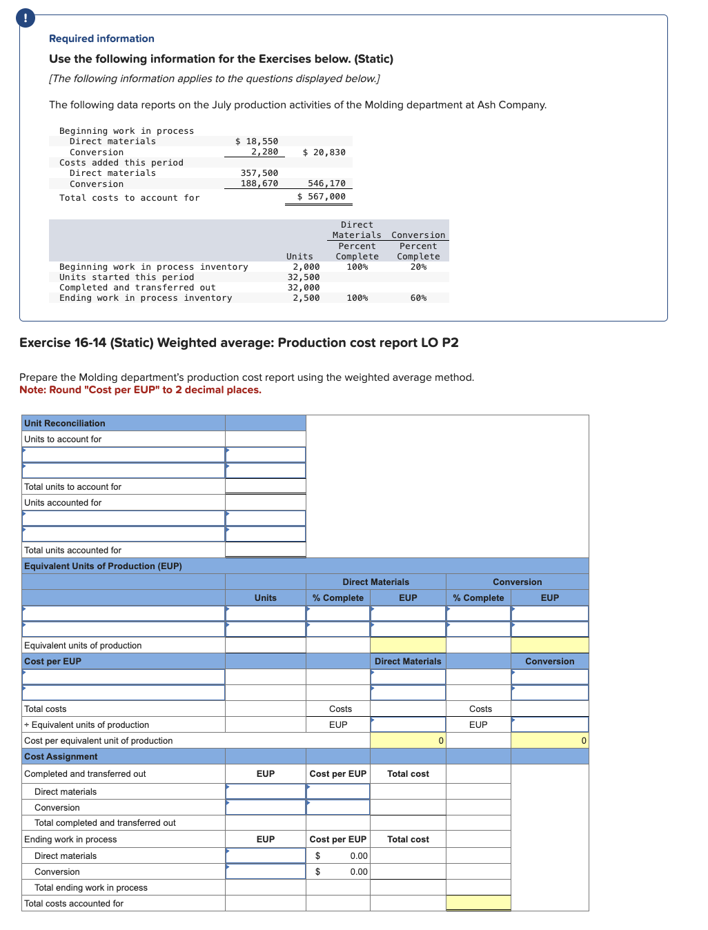 Exercise 16-14 ﻿Weighted Average: Production cost | Chegg.com