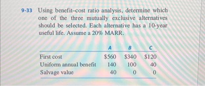 Solved solve using Excel please.9-33 Using benefit-cost | Chegg.com
