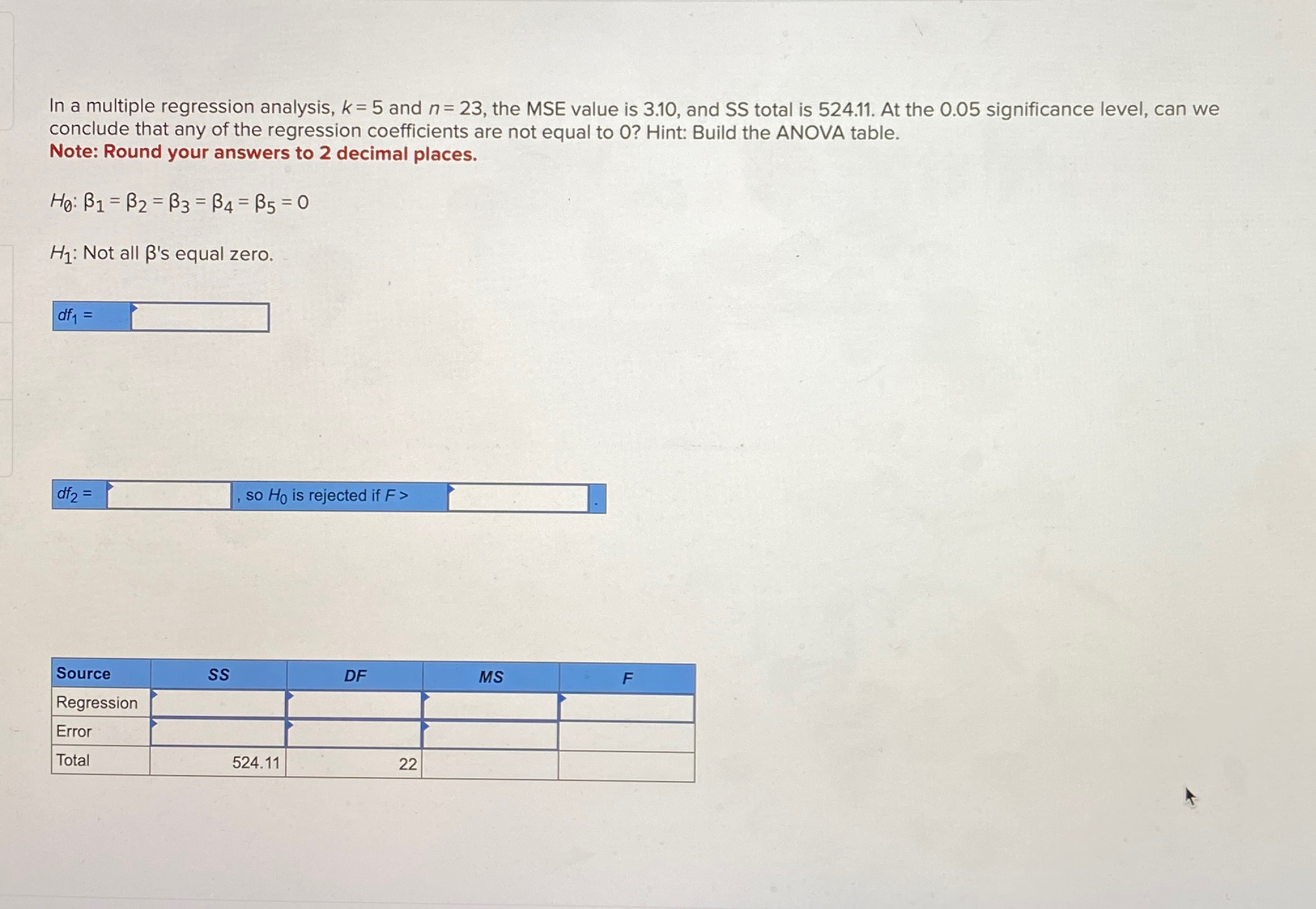 Solved In a multiple regression analysis, k=5 and n=23, the | Chegg.com