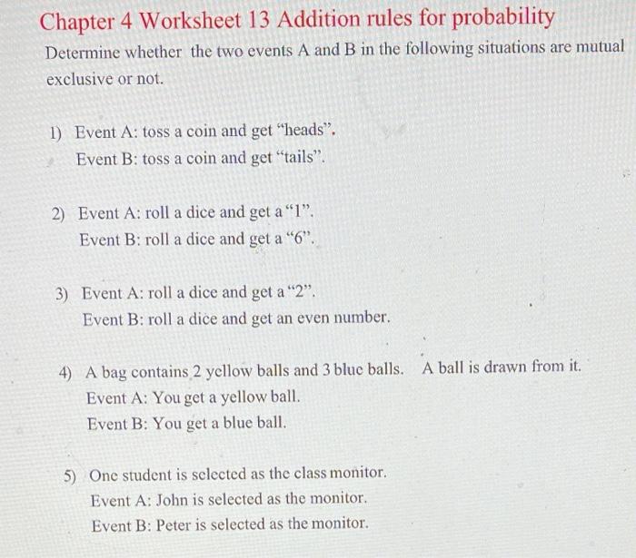 Solved Chapter 4 Worksheet 13 Addition rules for probability | Chegg.com