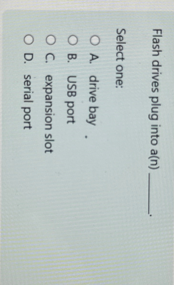 Solved Flash drives plug into a(n) q, .Select one:A. ﻿drive | Chegg.com