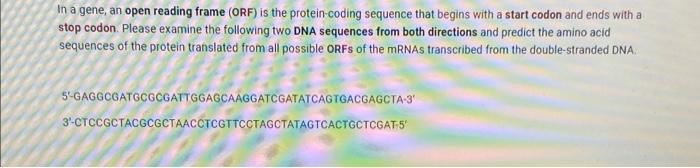 Solved In a gene, an open reading frame (ORF) is the | Chegg.com