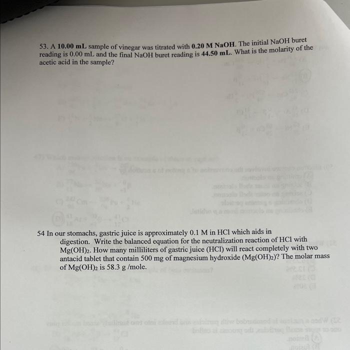53. A 10.00 mL sample of vinegar was titrated with | Chegg.com