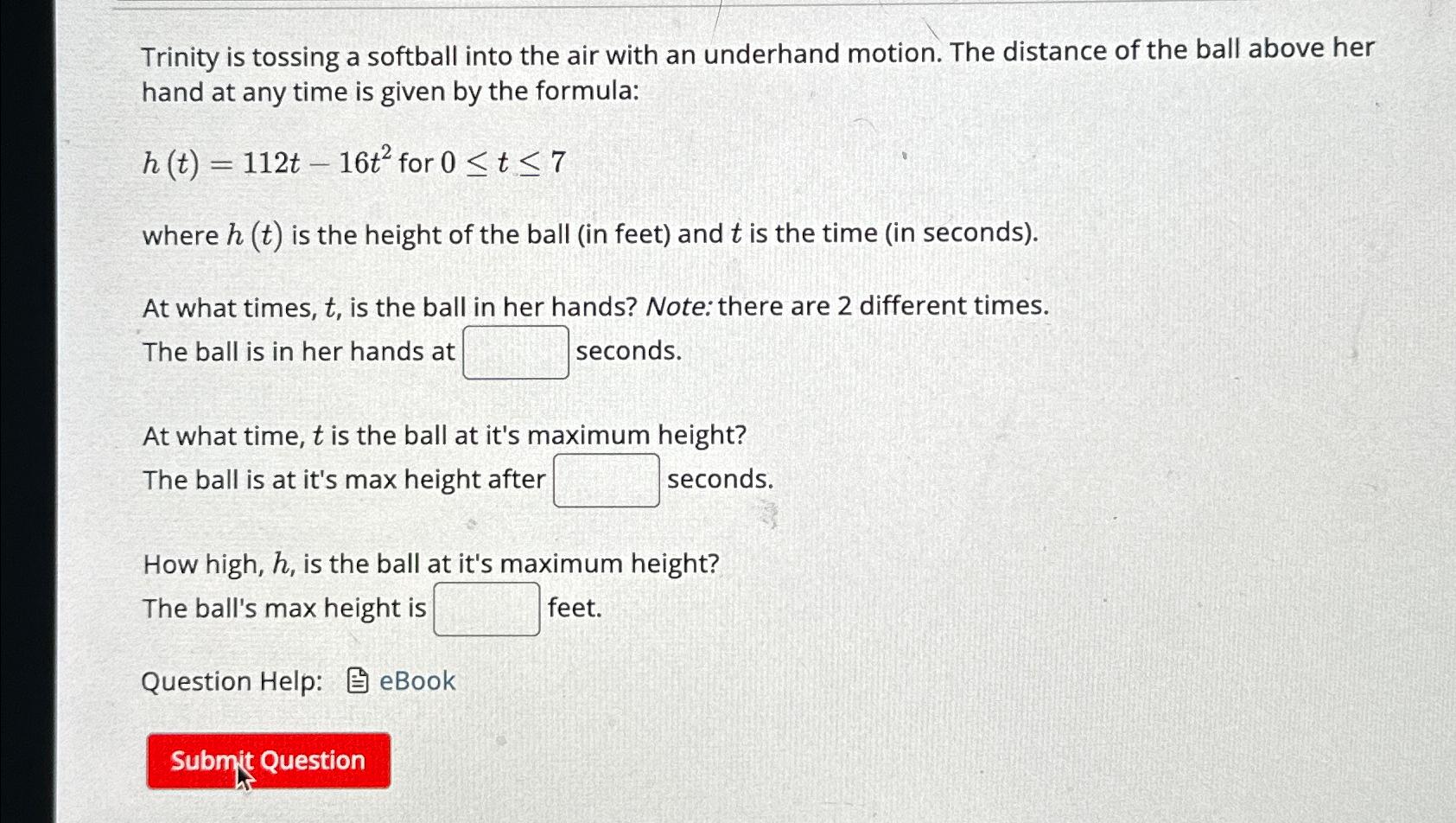 Solved Trinity is tossing a softball into the air with an | Chegg.com
