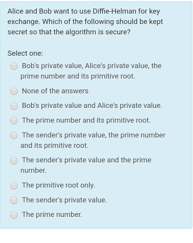 Solved Alice and Bob want to use Diffie-Helman for key | Chegg.com