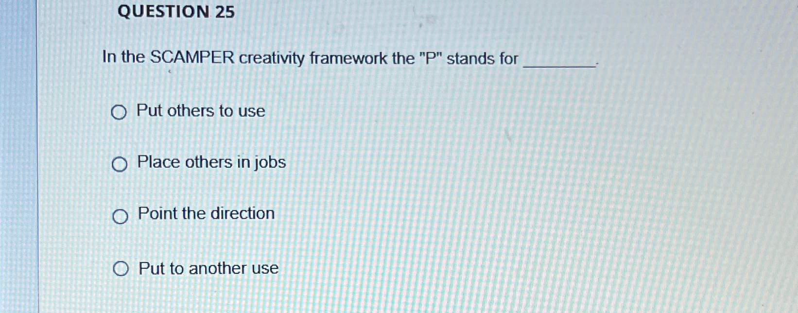 Solved QUESTION 25In the SCAMPER creativity framework the | Chegg.com