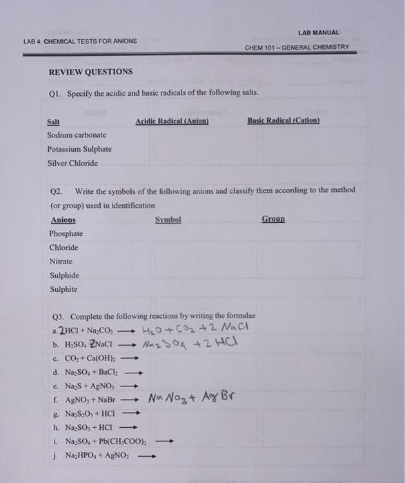Solved LAB MANUAL LAB 4 CHEMICAL TESTS FOR ANIONS CHEM 101 | Chegg.com