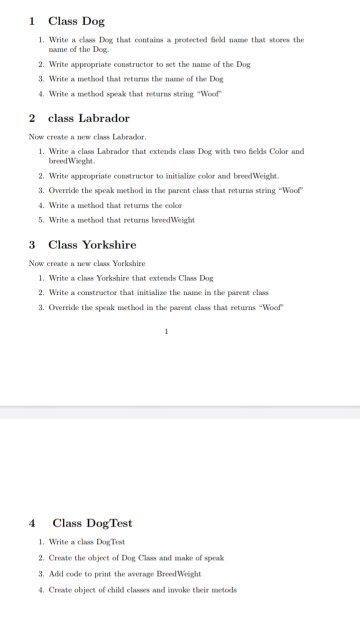 Solved 1 Class Dog 1. Write a Dog that contains a protected | Chegg.com