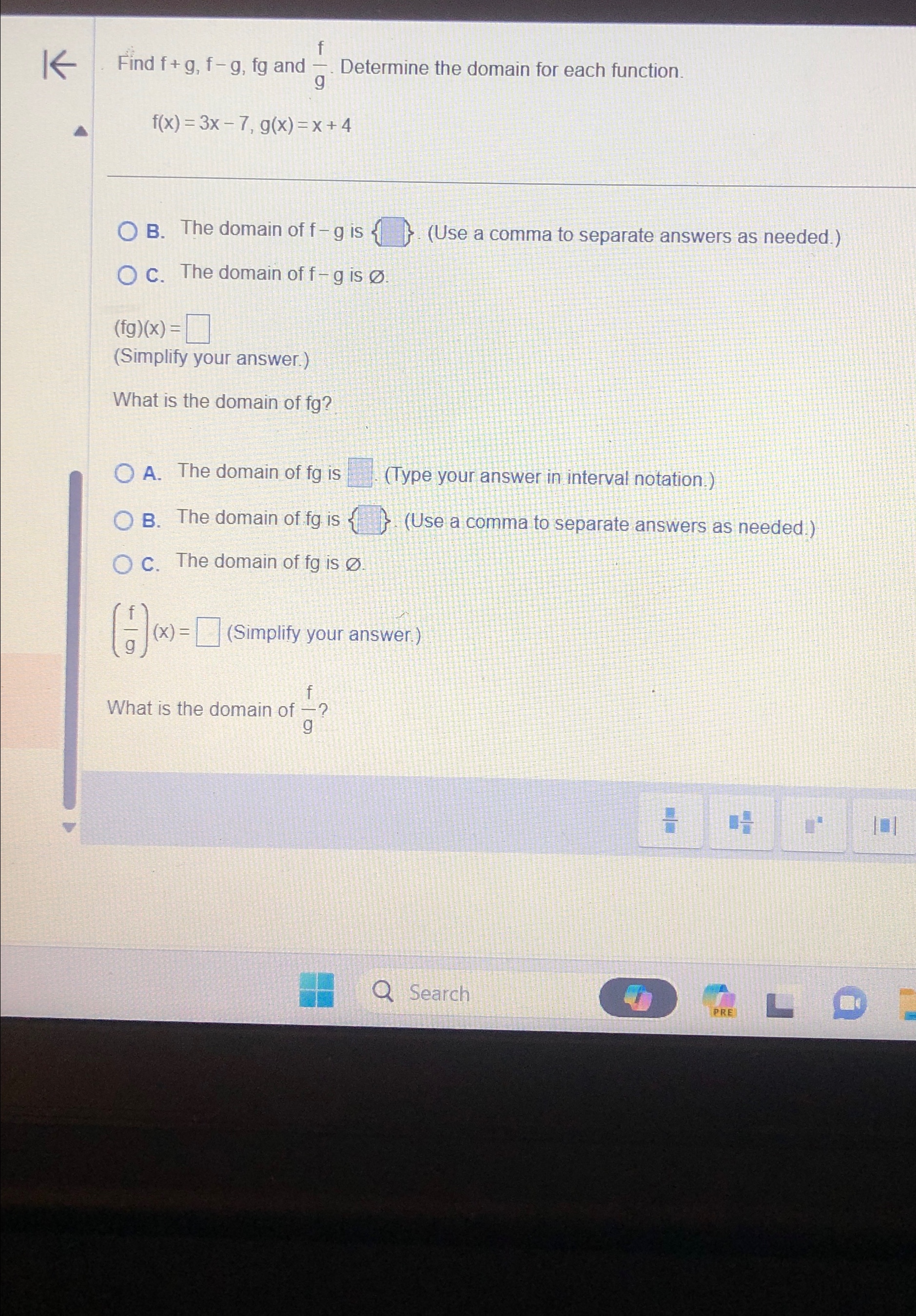 Solved Find f+g,f-g, ﻿fg and fg. ﻿Determine the domain for | Chegg.com