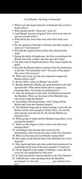 Cecil Rhodes: The King of Diamonds 1. Where were the | Chegg.com