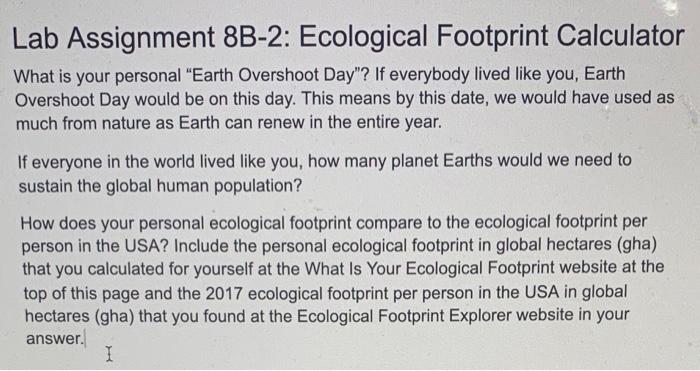 Solved Lab Assignment 8B-2: Ecological Footprint Calculator | Chegg.com